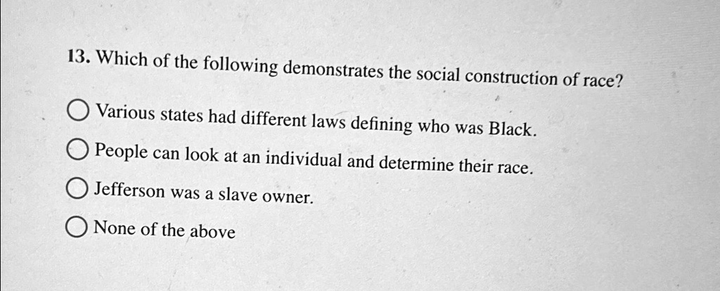SOLVED: Which of the following demonstrates the social construction of ...