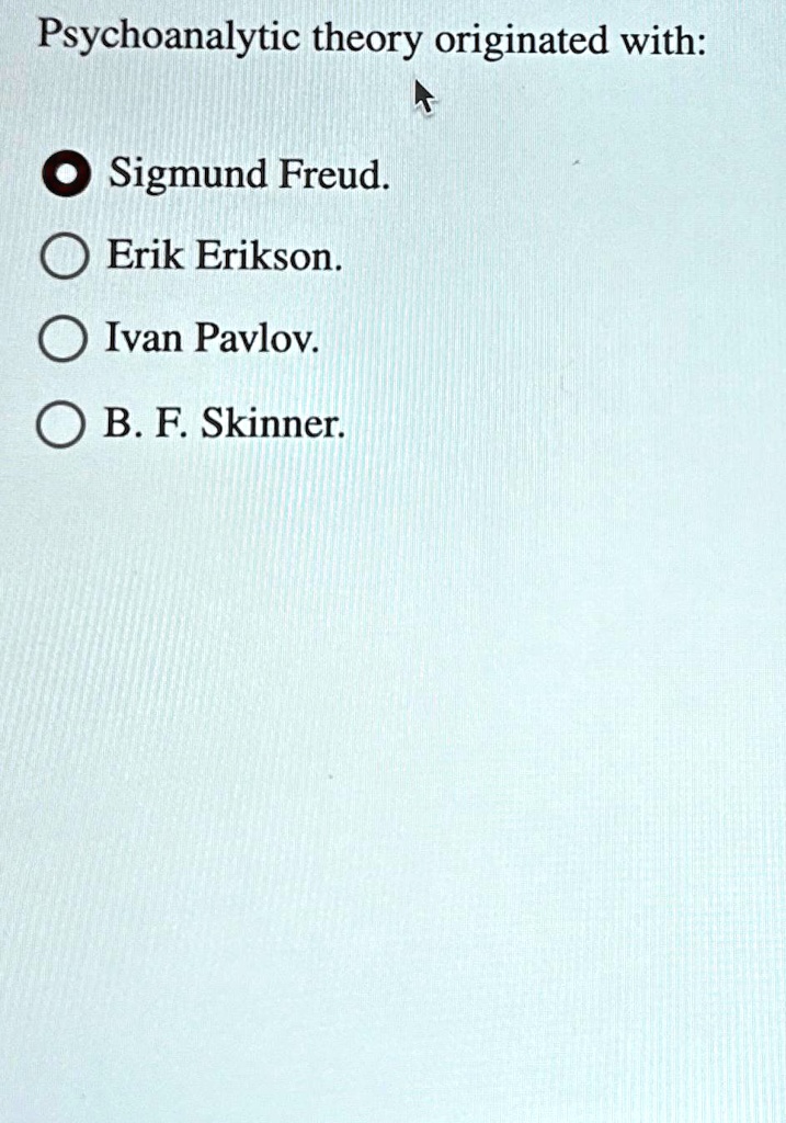 Psychoanalytic theory originated with: Sigmund Freud. Erik Erikson ...