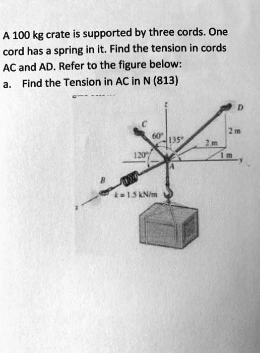 a 100 kg crate is supported by three cords one cord has a spring in it ...