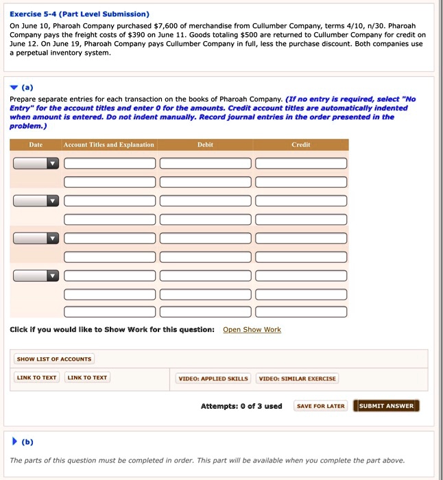 SOLVED: Exercise 5-4 (Part Level Submission) A perpetual inventory system. Prepare separate ...
