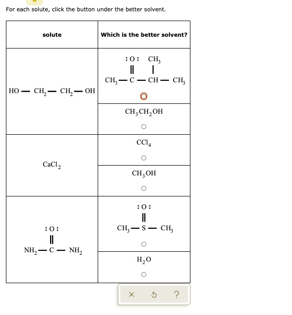 SOLVED: For each solute, click the button under the better solvent: solute Which is the better ...
