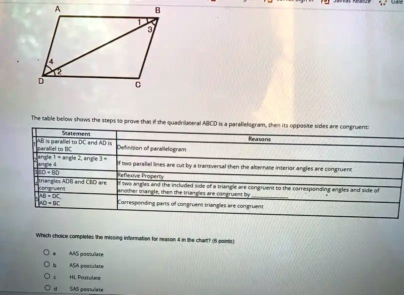 SOLVED: Gale The table below shows the steps to prove that = the quadrilateral ABCD ...