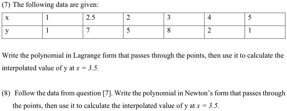 SOLVED: The following data is given: 2.5 Write the polynomial in Lagrange form that passes ...