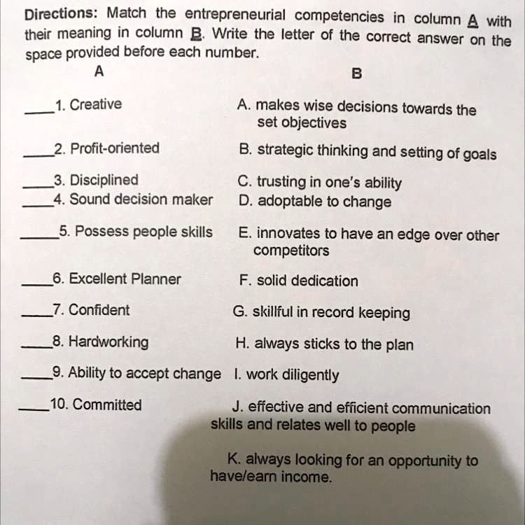 matching type directions match the entrepreneurial competencies in column a with their meaning ...