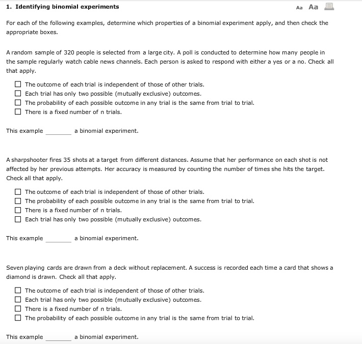 SOLVED:Identifying binomial experiments Aa For each of the following examples, determine which ...