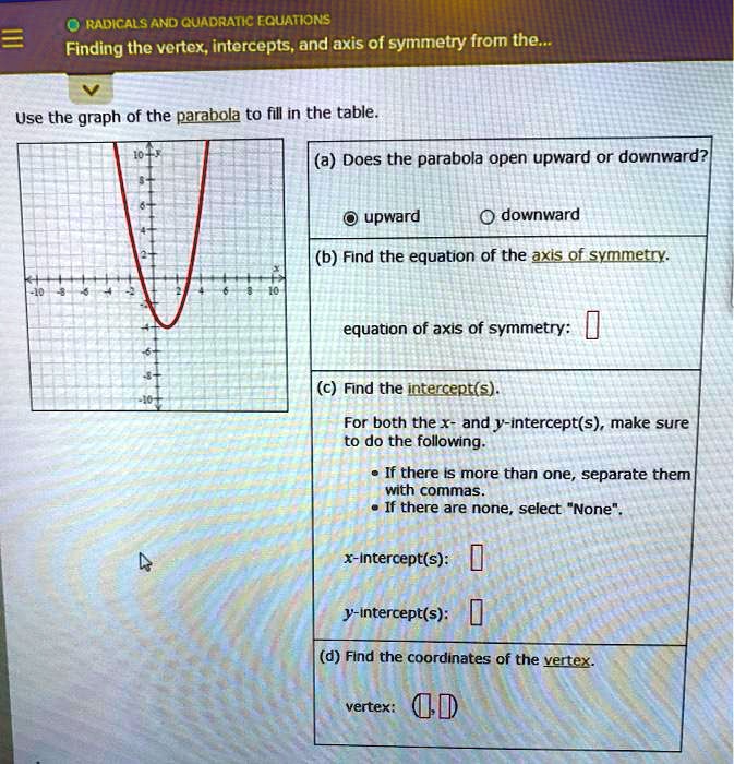 SOLVED: RADICALS AND QUADRATIC EQUATIONS Finding the vertex, intercepts ...
