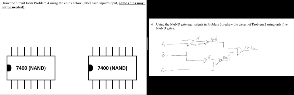 Draw the circuit from Problem 4 using the chips below (label each input/output, some chips may ...