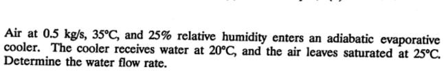 SOLVED: Air at 0.5 kg/s, 35Â°C, and 25% relative humidity enters an adiabatic evaporative cooler ...