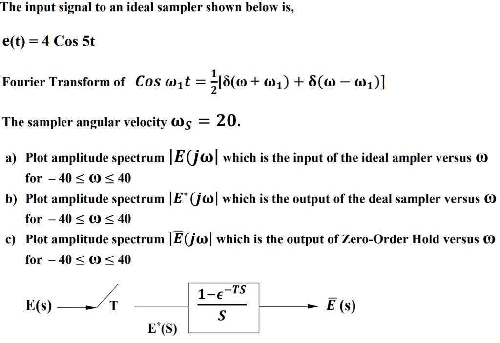 SOLVED: The input signal to an ideal sampler shown below is: e(t) = 4 cos(5t) Fourier Transform ...