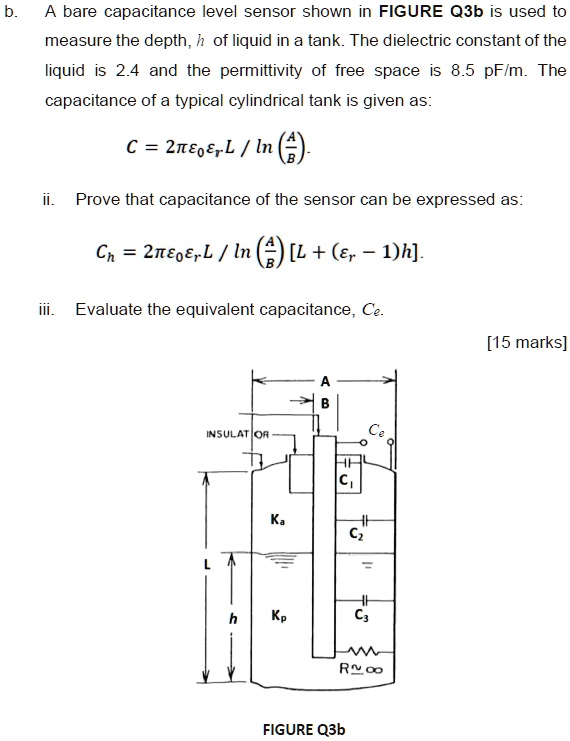 SOLVED: A bare capacitance level sensor shown in FIGURE Q3b is used to measure the depth, h, of ...