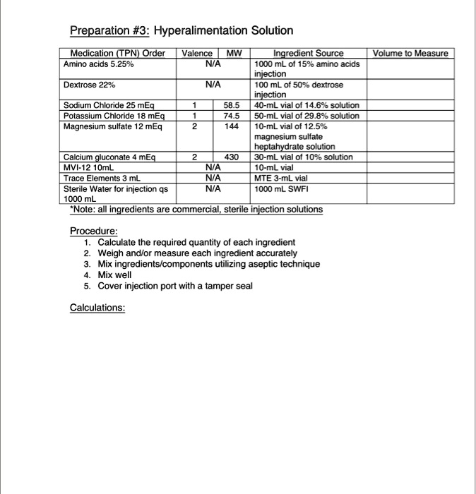 SOLVED:Preparation #3: Hyperalimentation Solution Medication (TPN Order ...