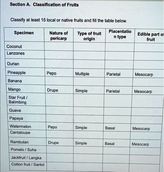 Section A. Classification of Fruits Classify at least 15 local or ...