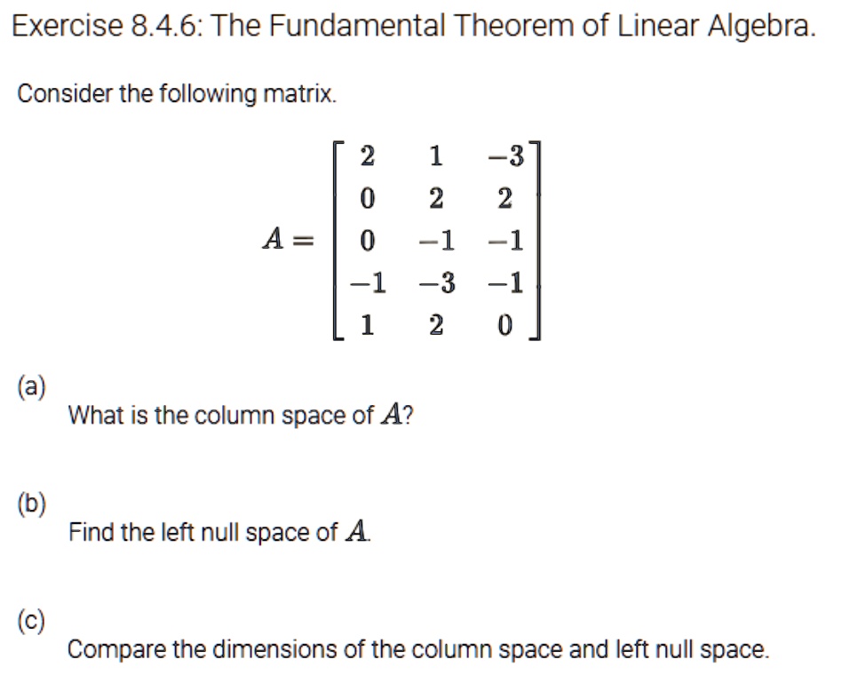 Exercise 8.4.6: The Fundamental Theorem of Linear Algebra. Consider the following matrix. A = (a ...