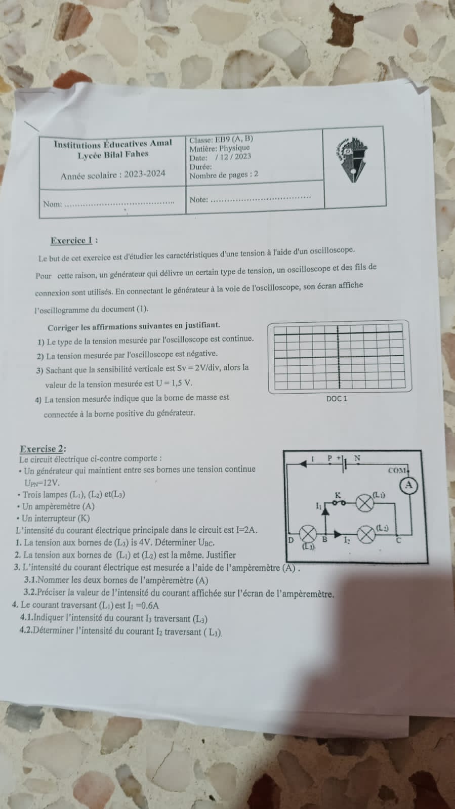 Institutions Educatives Amal Lycée Bilal Fahes Année scolaire : 2023-2024 Classe: EB9 (A, B ...