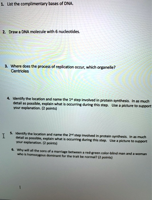 SOLVED:List the complimentary bases of DNA. Draw DNA molecule with 6 ...