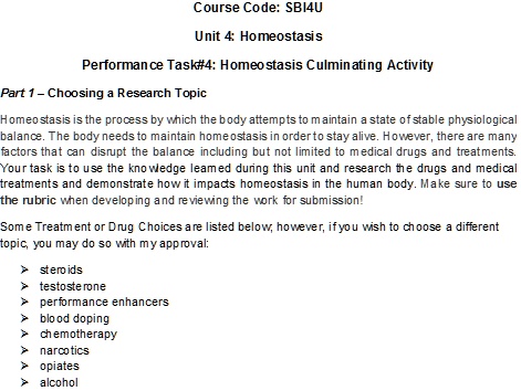 SOLVED: Course Code: SBI4U Unit 4: Homeostasis Performance Task #4 ...