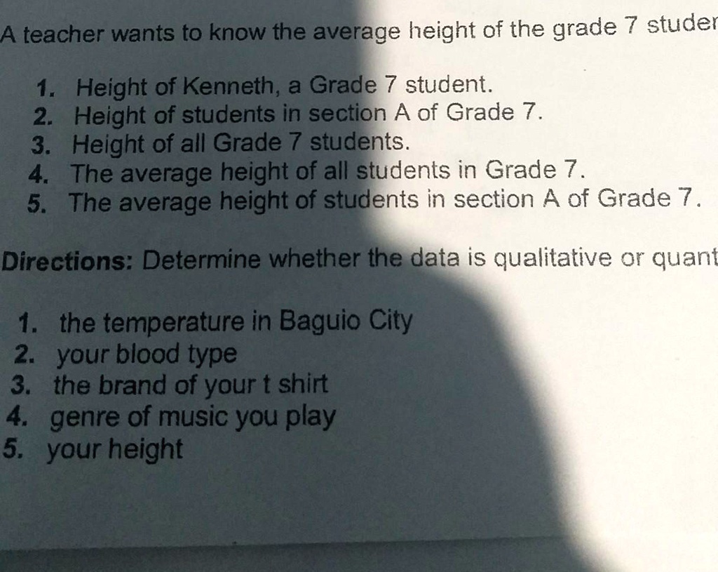 A teacher wants to know the average height of the grade 7 studer 1 ...