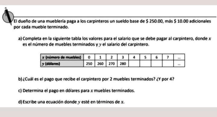 SOLVED: 1. El dueño de una mueblería paga a los carpinteros un sueldo ...