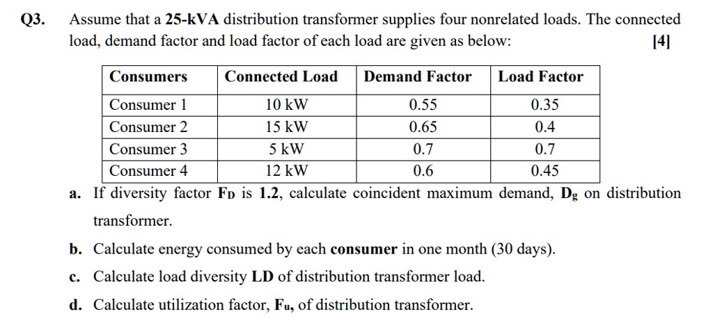 Q3. Assume that a 25-kVA distribution transformer supplies four nonrelated loads. The connected ...