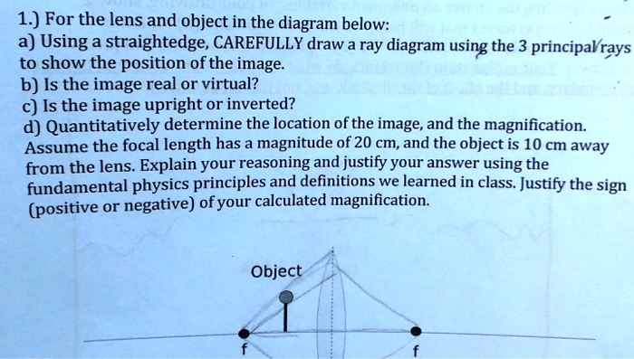 SOLVED: 1,) For the lens and object in the diagram below: a) Using straightedge, CAREFULLY draw ...