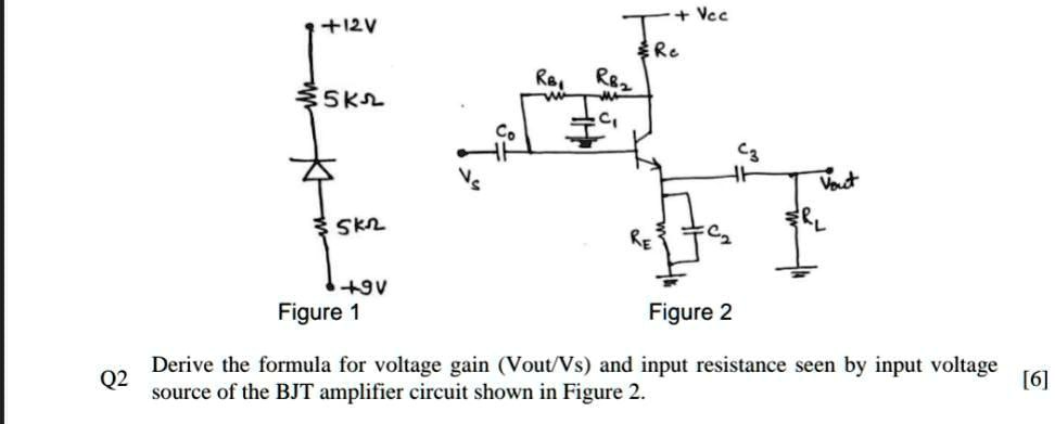 SOLVED: Text: +12V Rc SSKS SK +9V Figure 1 Figure 2 Derive the formula for voltage gain (Vout/Vs ...