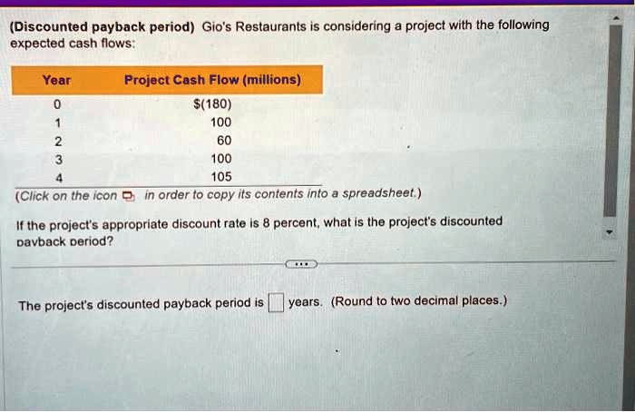 SOLVED: Discounted payback period Gio's Restaurants is considering a ...