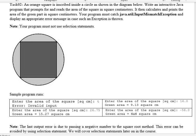 Task02: An orange square is inscribed inside a circle as shown in the ...