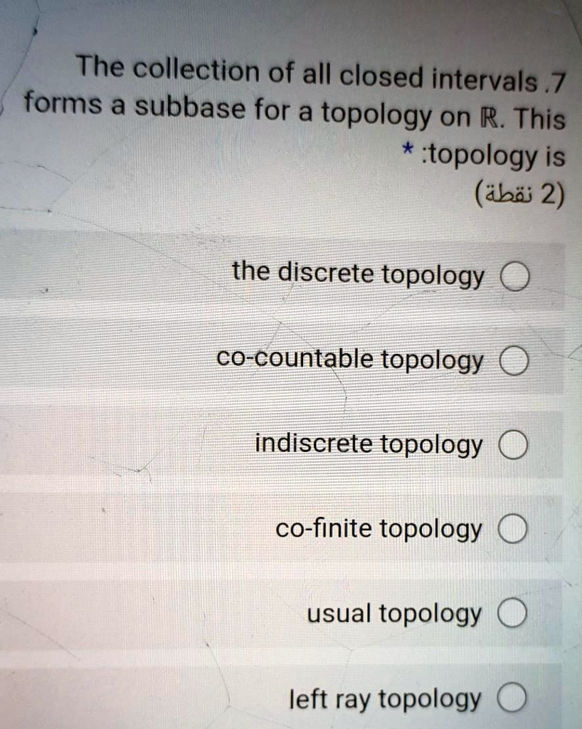 SOLVED: The collection of all closed intervals forms a subbase for a ...