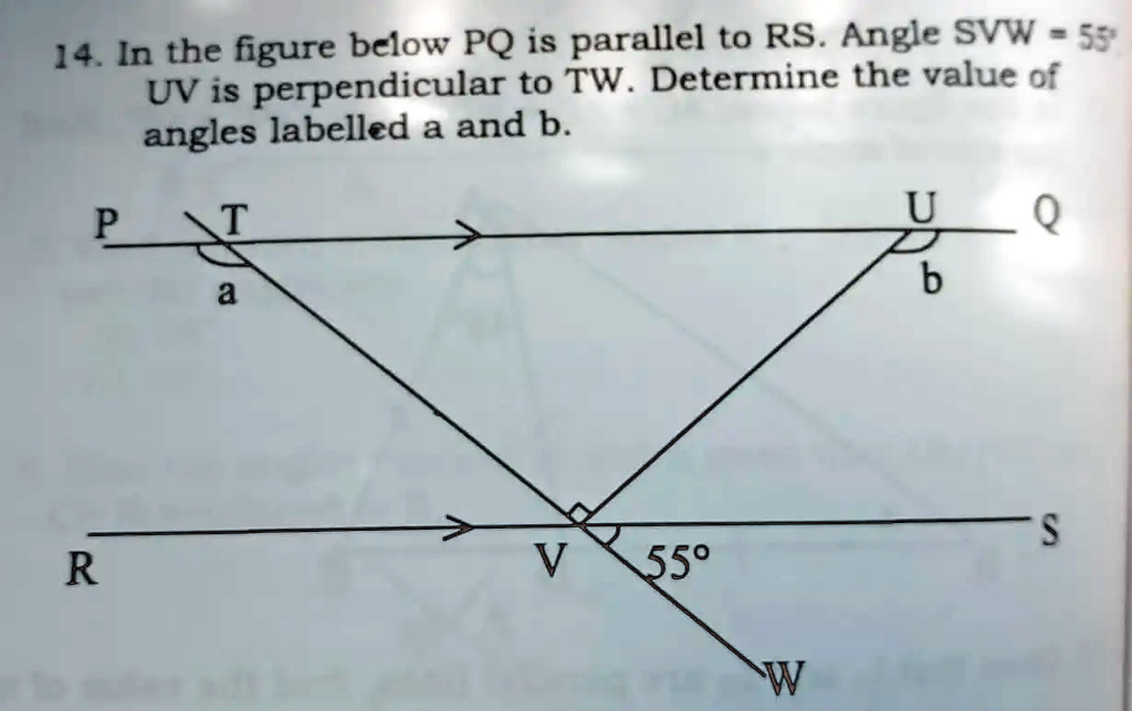 In the figure below, PQ is parallel to RS. Angle SVW is 53 degrees. UV ...