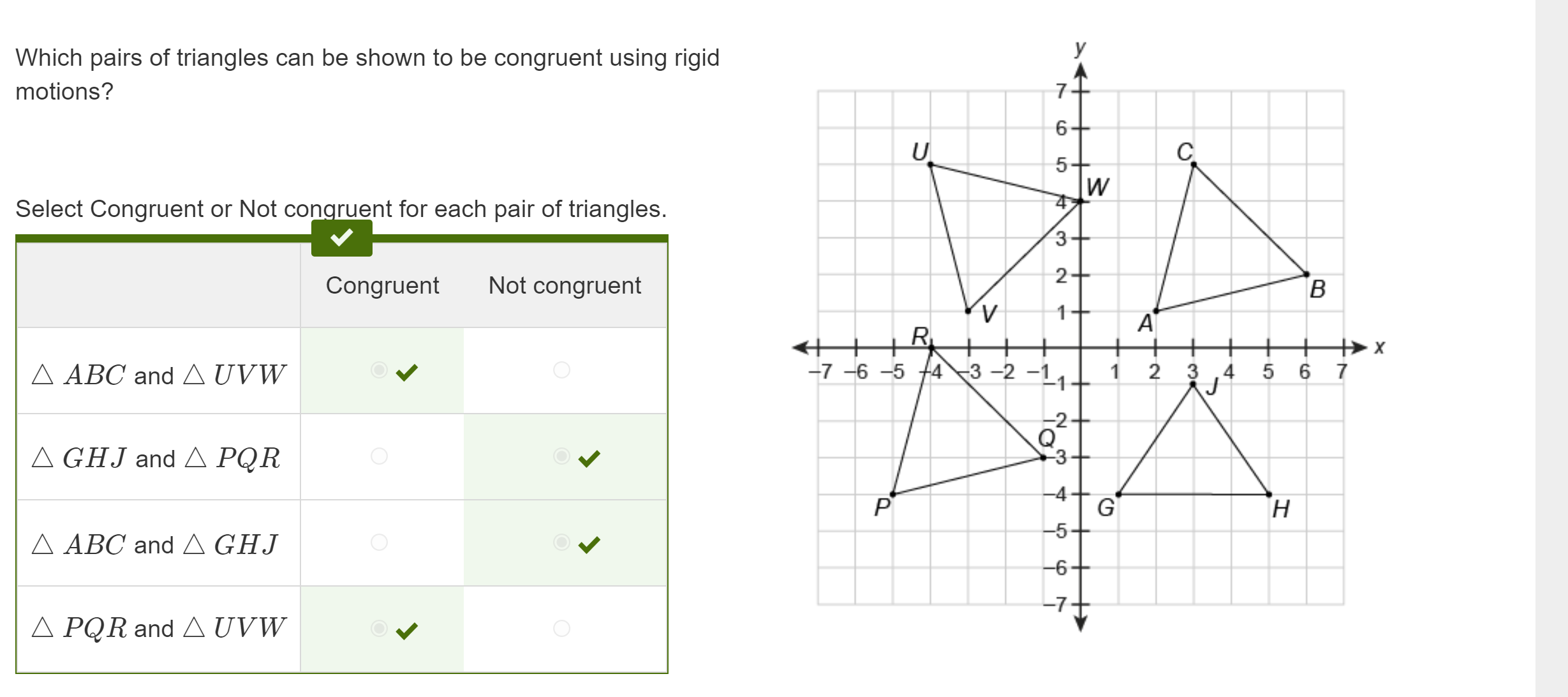 Which pairs of triangles can be shown to be congruent using rigid ...