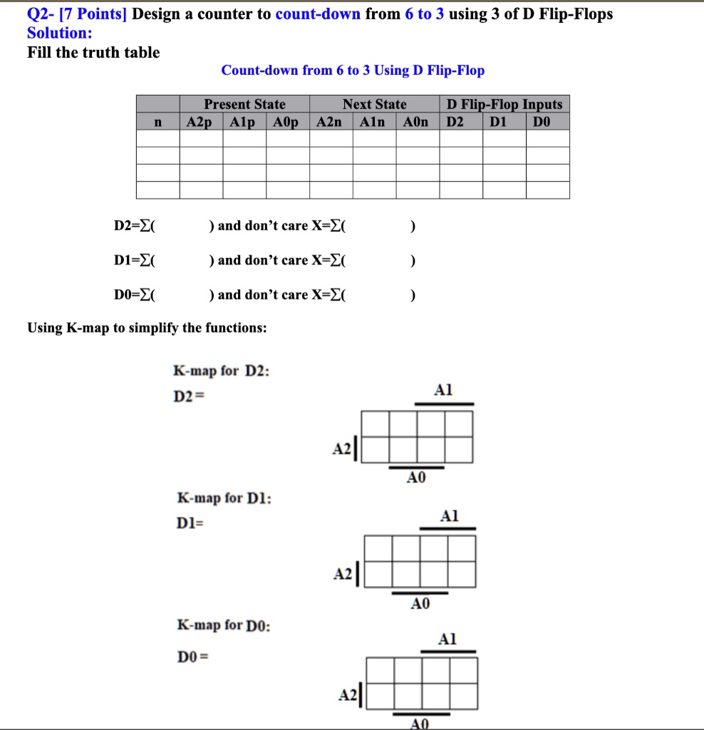 SOLVED: Q2- [7 Points] Design a counter to count down from 6 to 3 using 3 D Flip-Flops. Solution ...