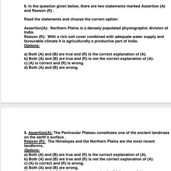 Assertion and reason class 9 physical features of india...