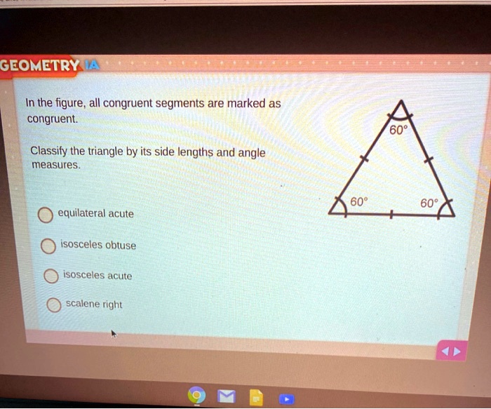 geometry in the figure all congruent segments are marked as congruent 60 classify the triangle ...