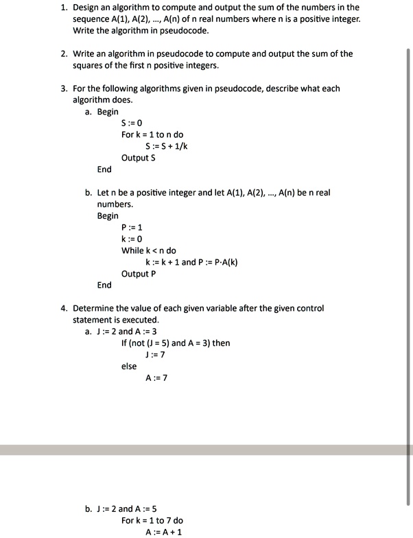 Solved Design An Algorithm To Compute And Output The Sum Of The Numbers In The Sequence A1 A