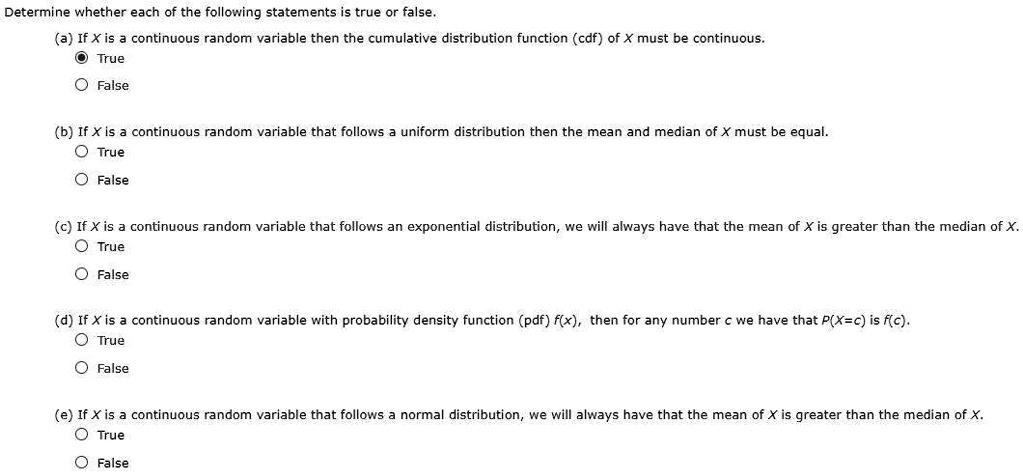 determine whether each of the following statements is true or false a if xis continuous random ...