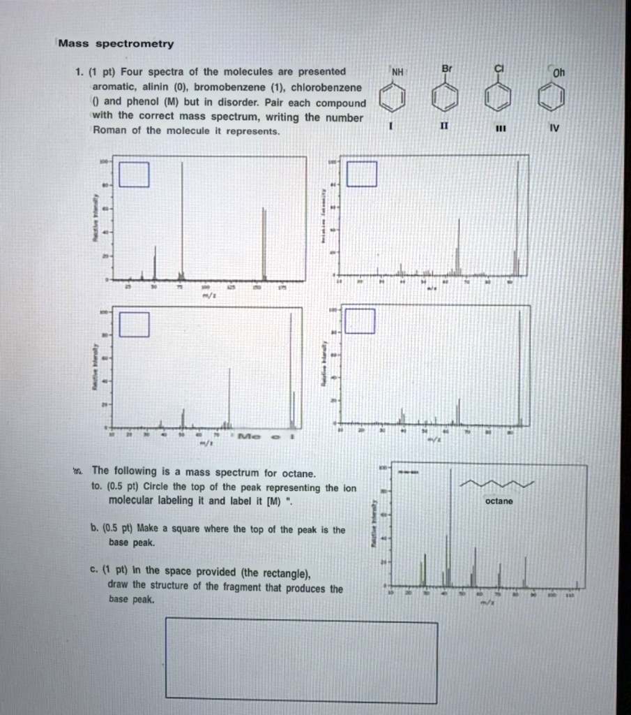 Mass spectrometry 1. (1 pt) Four spectra of the molecules are presented aromatic, alinin (0 ...