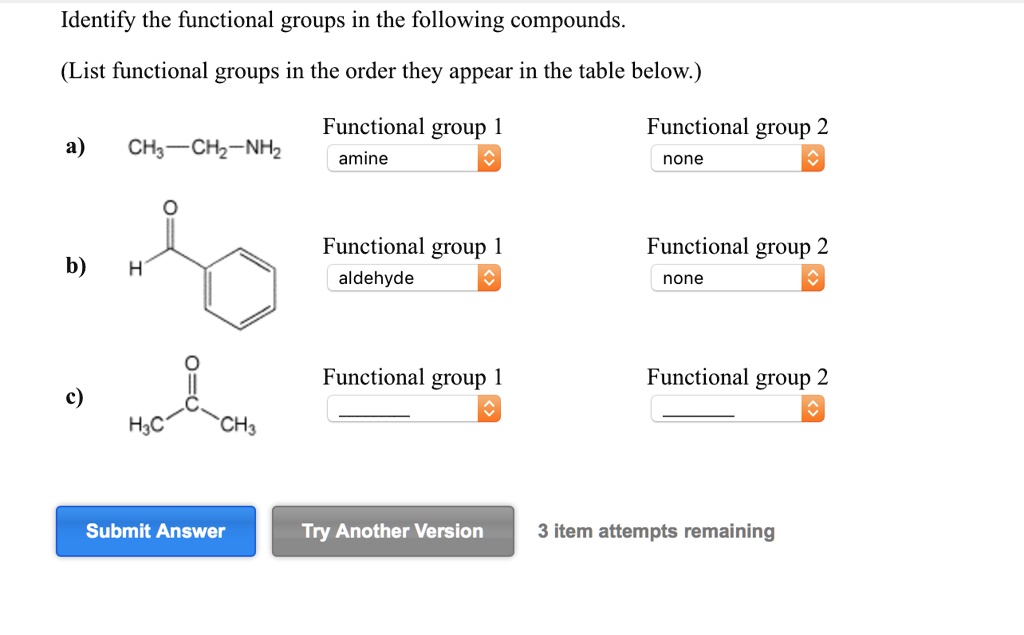 identify the functional groups in the following compounds list functional groups in the order ...