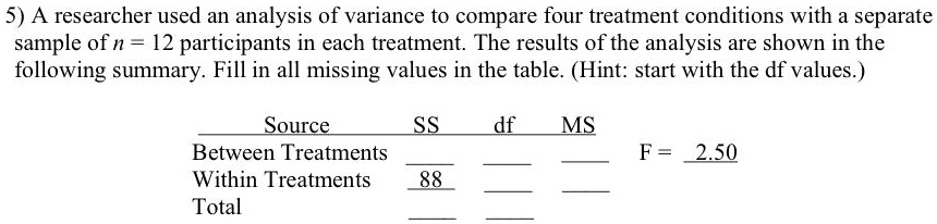 s a researcher used an analysis of variance to compare four treatment ...