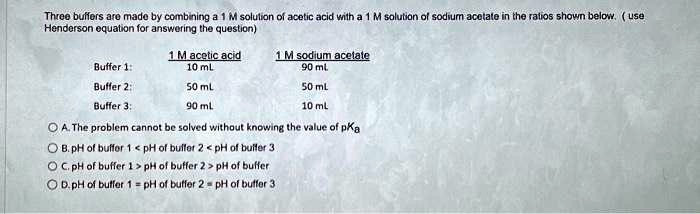 [GET ANSWER] Three buffers are made by combining a 1 M solution of acetic acid with a 1 M ...