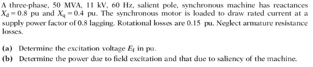 A three-phase, 50 MVA, 11 kV, 60 Hz, salient pole, synchronous machine has reactances Xd = 0.8 ...