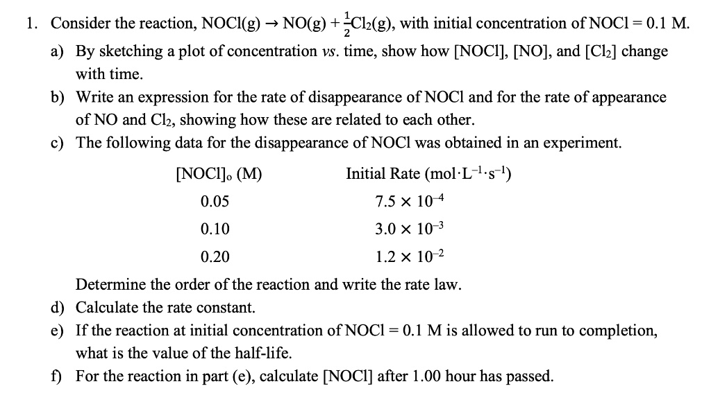 SOLVED: Consider the reaction, NOCl(g) NO(g) Cl(g) , with initial ...