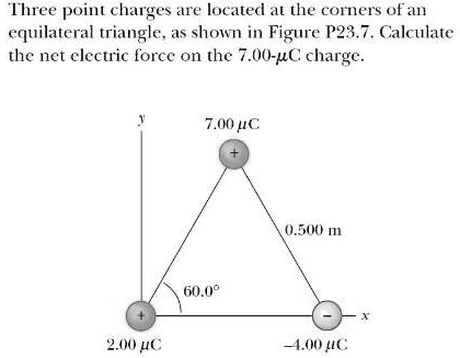 Three point charges are located at the corners of an equilateral ...