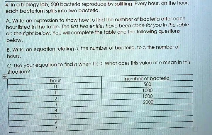 4. In a biology lab, 500 bacteria reproduce by splitting. Every hour ...