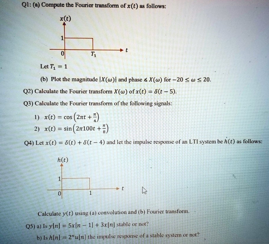 SOLVED: Compute the Fourier transform of x(t) as follows: x(t) 0 T Let T=1 Plot the magnitude X ...