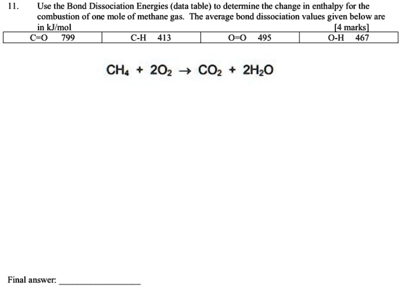 SOLVED: 11. Use the Bond Dissociation Energies (data table to determine the change in enthalpy ...