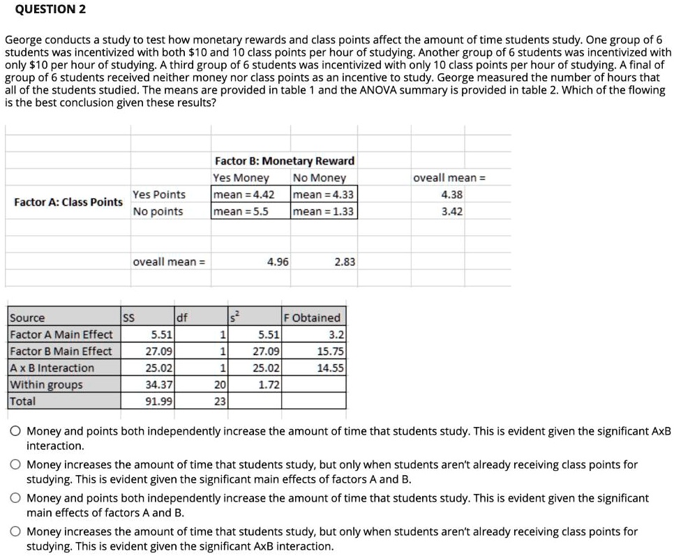 SOLVED: QUESTION 2 George conducts study to test how monetary rewards ...