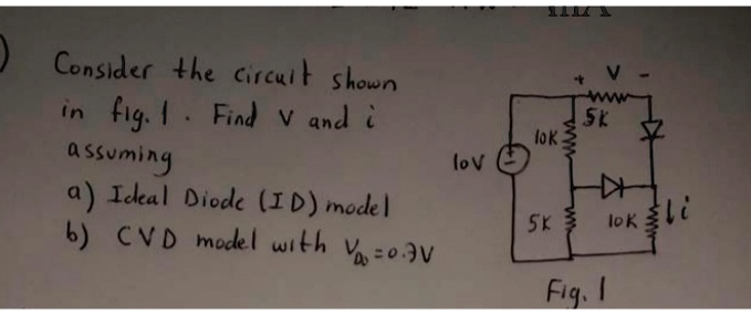 ) Consider the circuit shown in fig. 1. Find v and i assuming a) Ideal Diode (ID) model b) CVD ...