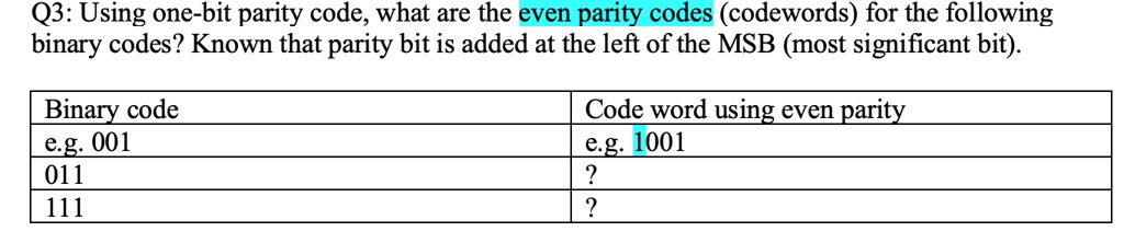 Q3: Using one-bit parity code, what are the even parity codes (codewords) for the following ...