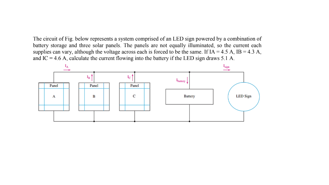 The circuit of Fig. below represents a system comprised of an LED sign powered by a combination ...