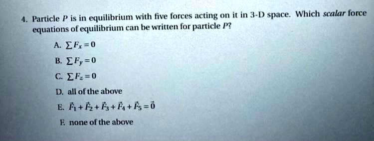 4. Particle P is in equilibrium with five forces acting on it in 3-D ...